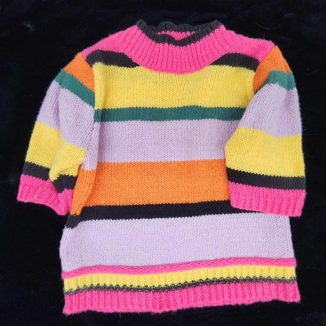 BIBI Puff Sleeve Stiped Sweater Colorful Pink Purple Yellow Size M VTG ...