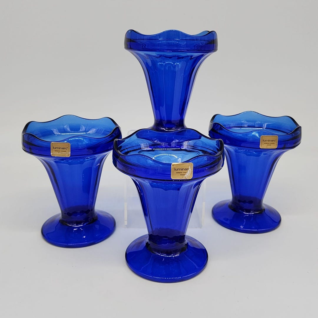 Luminarc French Cobalt Blue Parfait Glass Ice Cream Cup Lot 4 Scalloped ...