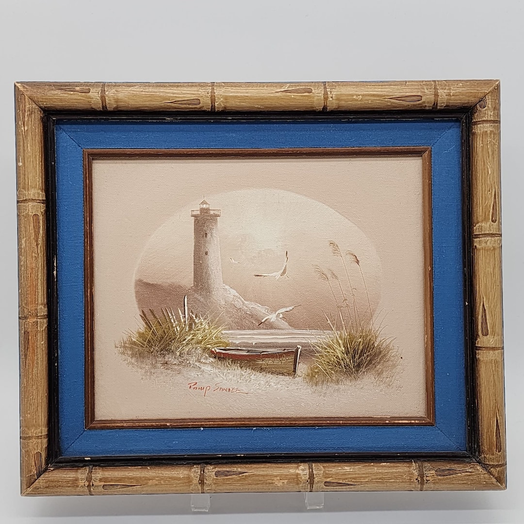 Philip Sandee Oil Painting Lighthouse Row Boat Seagal Wooden Bamboo ...