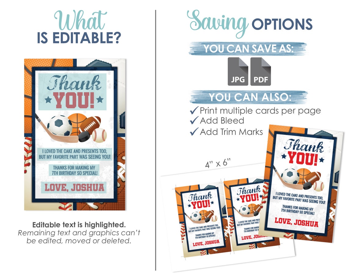 Editable Sports Birthday Thank You Card, Sports Thank You, All Star ...