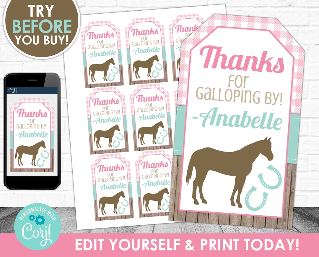 Horse Thank You Tag, Horse Favor Tag, Horsebirthday, Horse Birthday ...