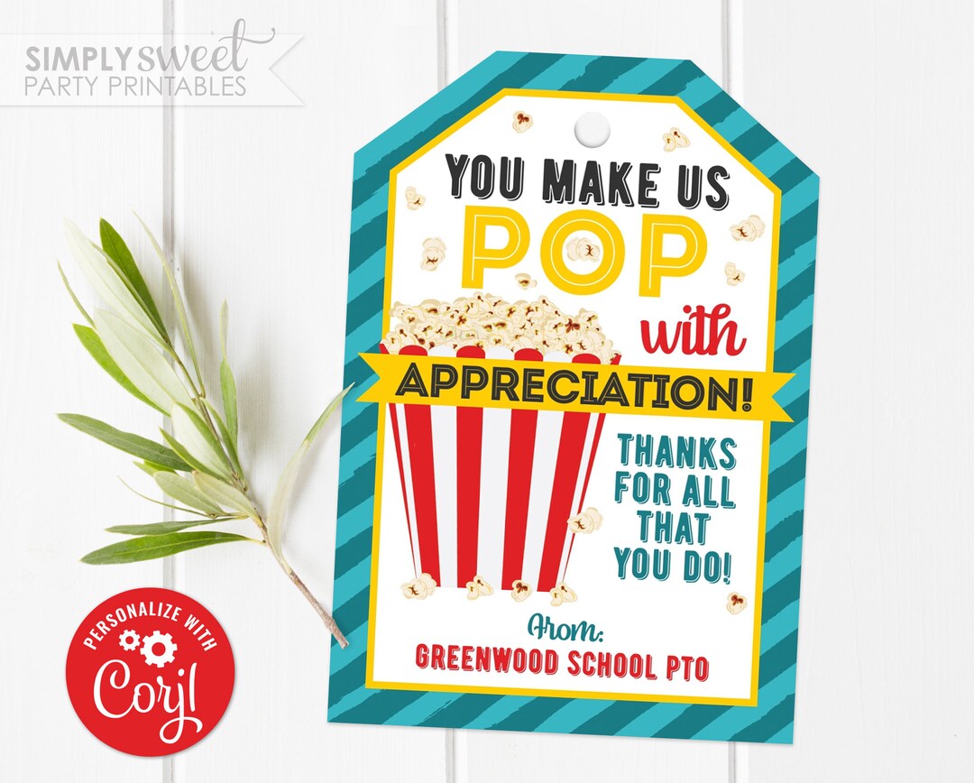 Editable Popcorn Gift Tag, You Make Us Pop Tag, Nurse Teacher Volunteer ...