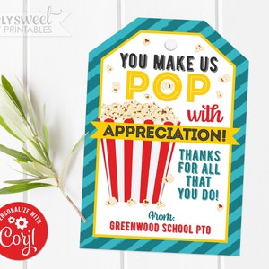 Editable Popcorn Gift Tag, You Make Us Pop Tag, Nurse Teacher Volunteer ...
