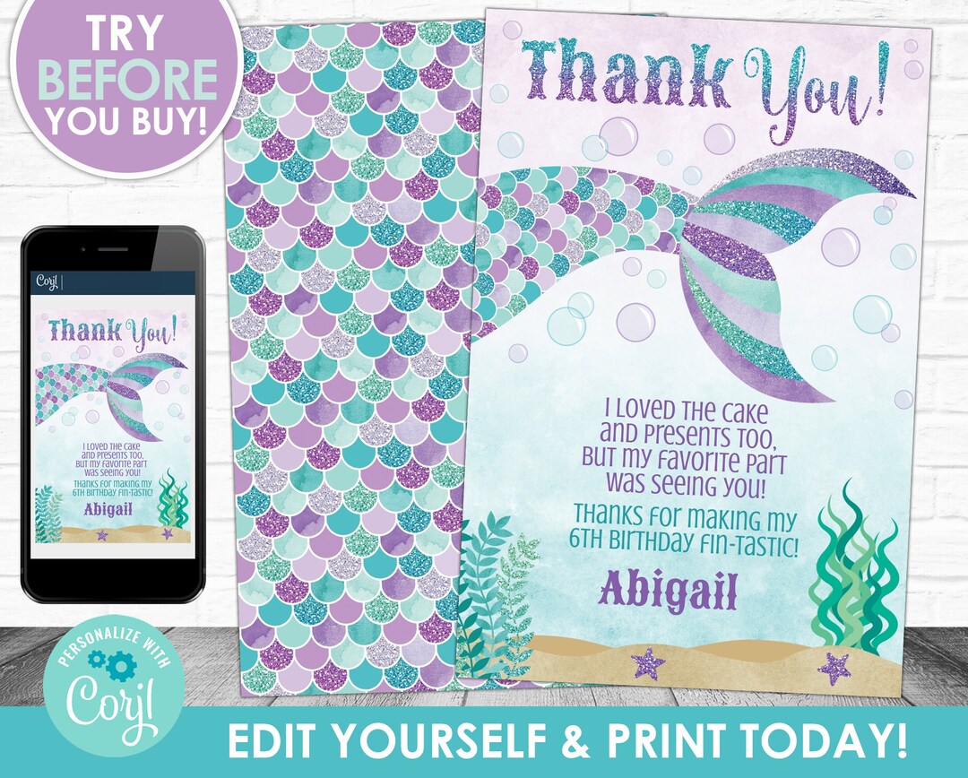 Mermaid Thank You Card, Mermaid Thank You Card, Mermaid Printable ...