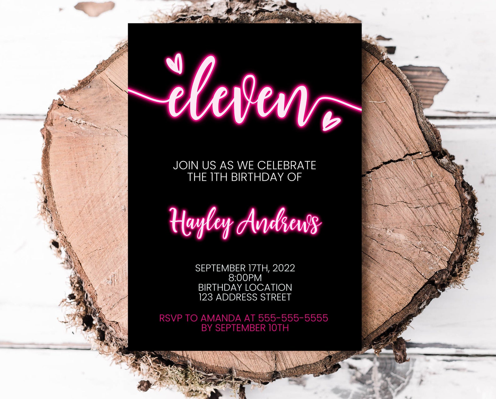 Editable 11th Birthday Neon Light Invitation, Eleven Party Invite, Teen ...