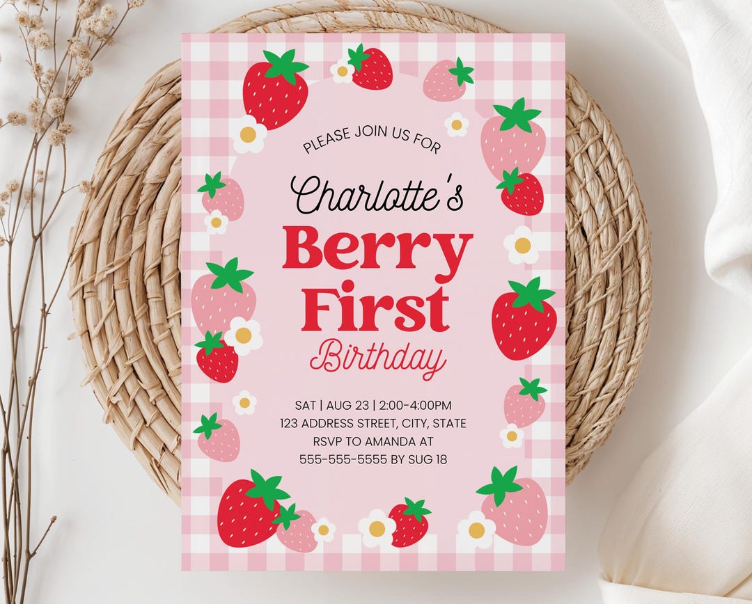 Berry First Birthday Invitation Strawberry Editable Printable Kids ...