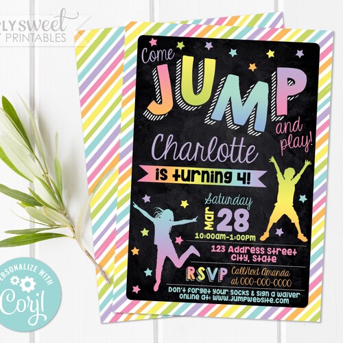Jump Party Trampoline Invitation Girls Bounce Birthday - Etsy