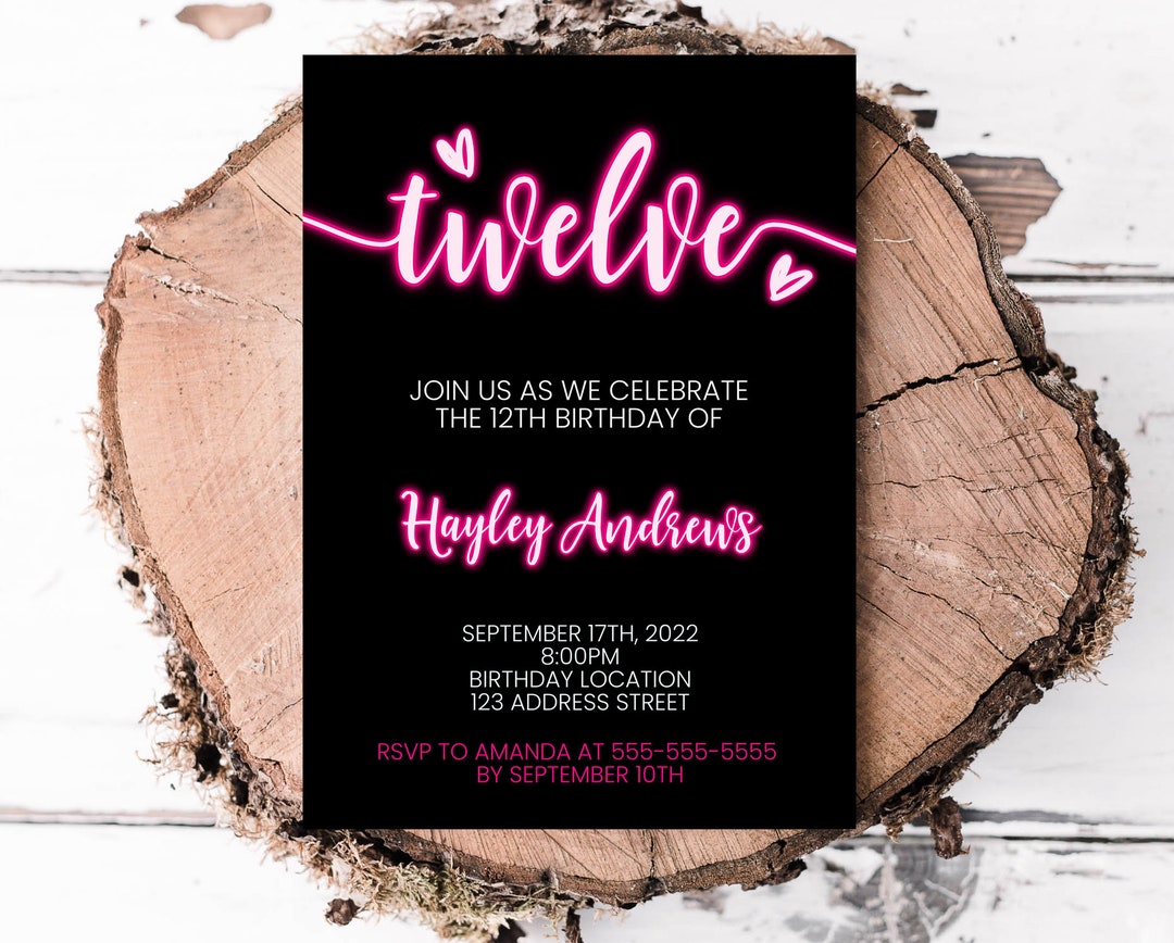 Editable 12th Birthday Neon Light Invitation, Twelve Party Invite, Teen ...
