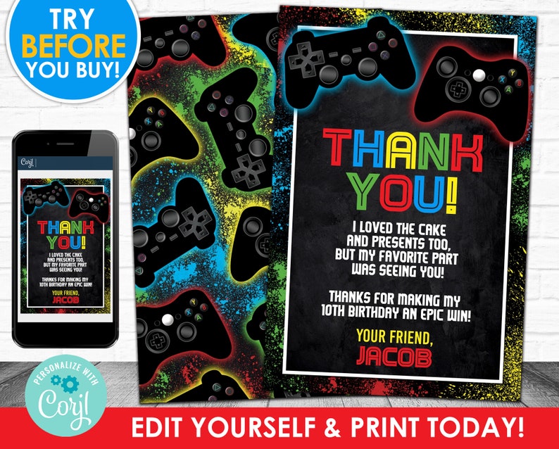 Video Game Thank You Card Gamer Birthday Thank You Card | Etsy