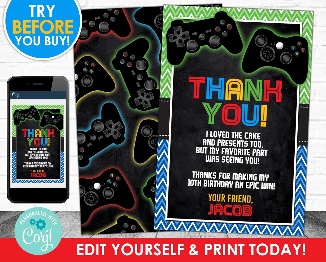 Video Game Thank You Card, Gamer Birthday Thank You Card, Video Game ...