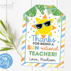 Editable Sun-sational Teacher Gift Tag, Sun Gift Tag, Staff Teacher End ...