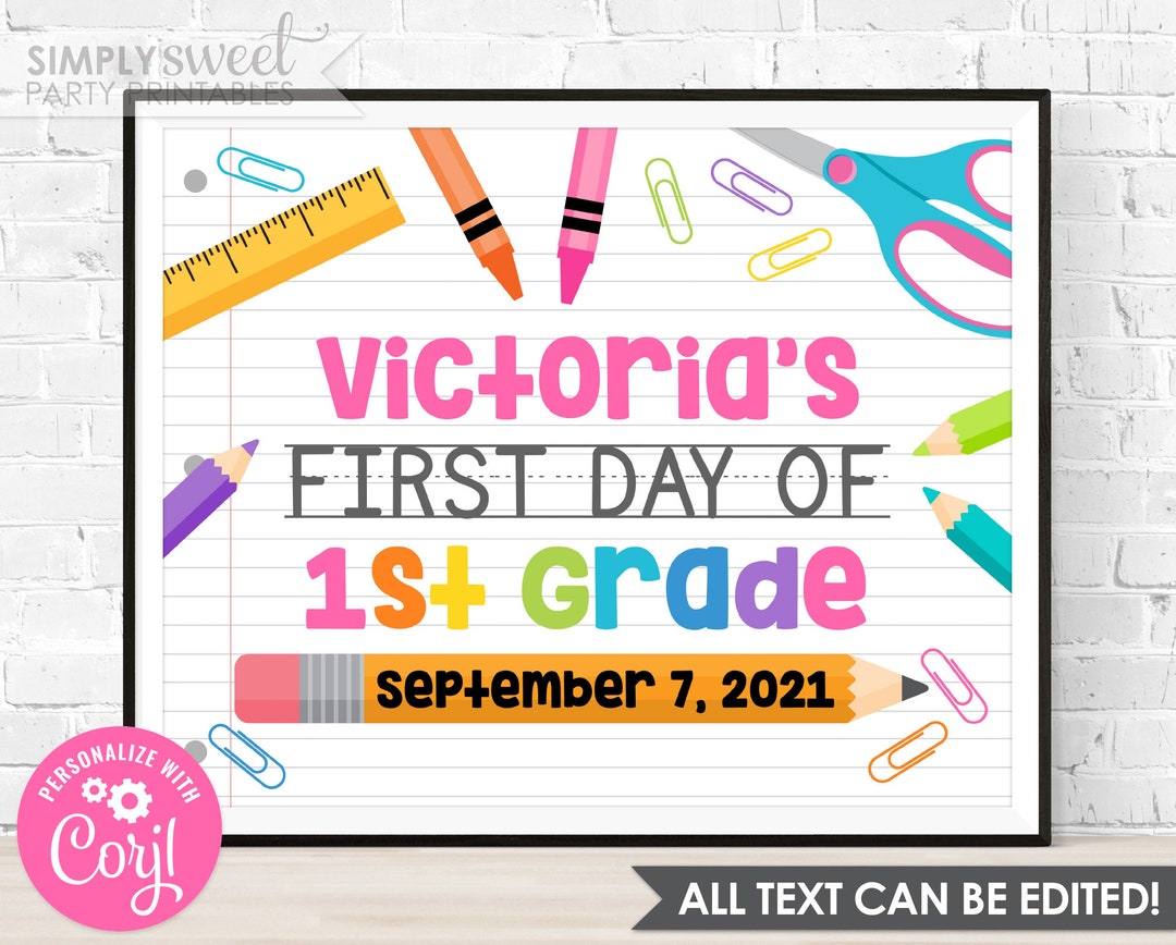 Editable 1st Grade First Day of School Sign, Girl Printable First Last ...