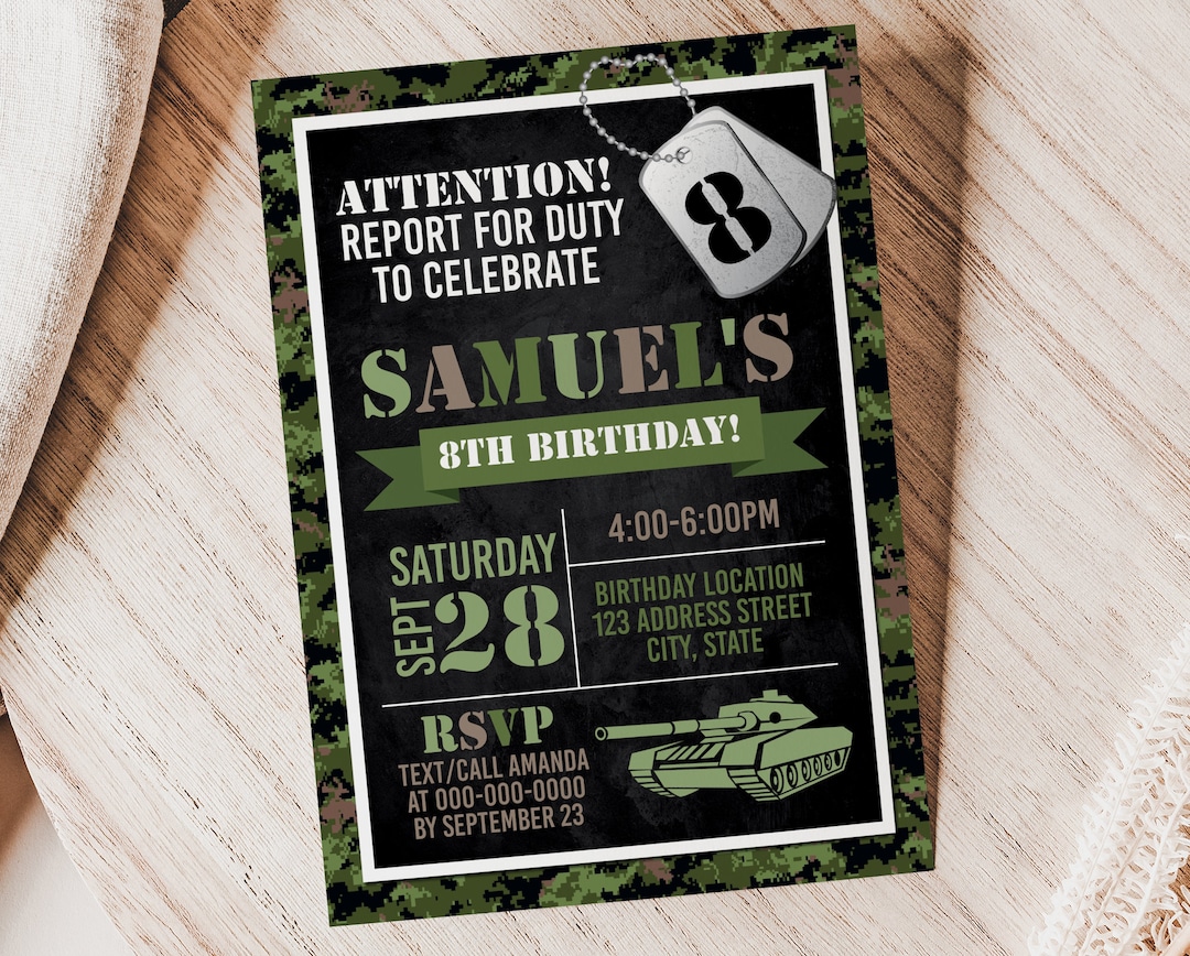 Army Birthday Invitation, Army Printable Birthday Invitation, Editable ...