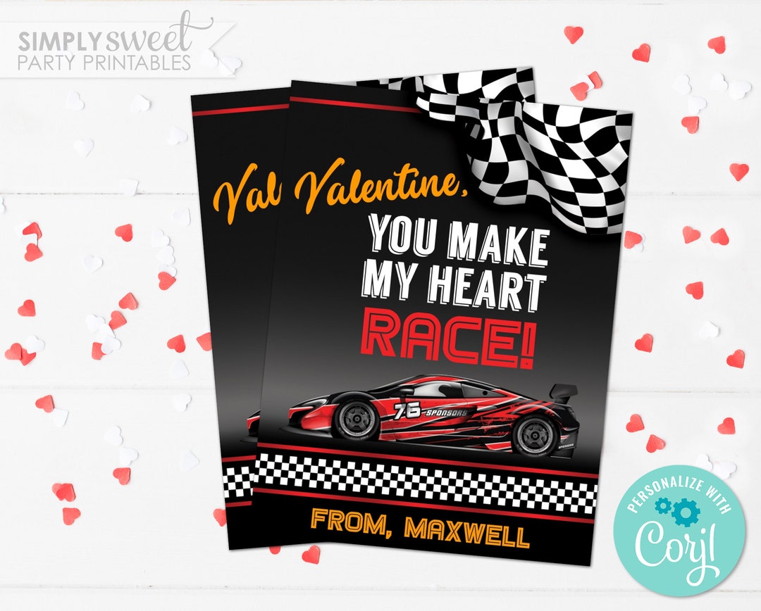 Editable Race Car Valentine Card Personalized Racecar Valentine's Day ...