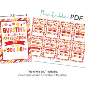 Bursting With Appreciation Printable Tag Teacher Staff Volunteer ...