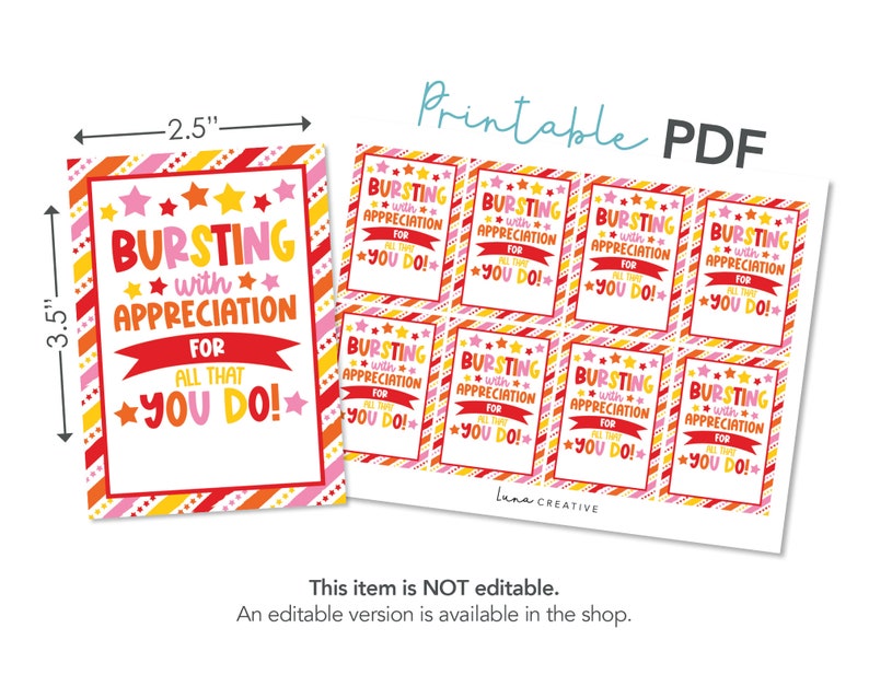 Bursting With Appreciation Printable Tag Teacher Staff - Etsy