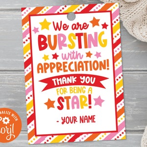 Editable Bursting With Appreciation Printable Tag Teacher Appreciation ...