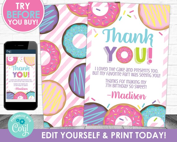 Donut Thank You Card Donut Thank You Card Donut Printable | Etsy