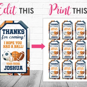 Sports Thank You Tag, Sports Favor Tag, Sports Birthday, Sports ...