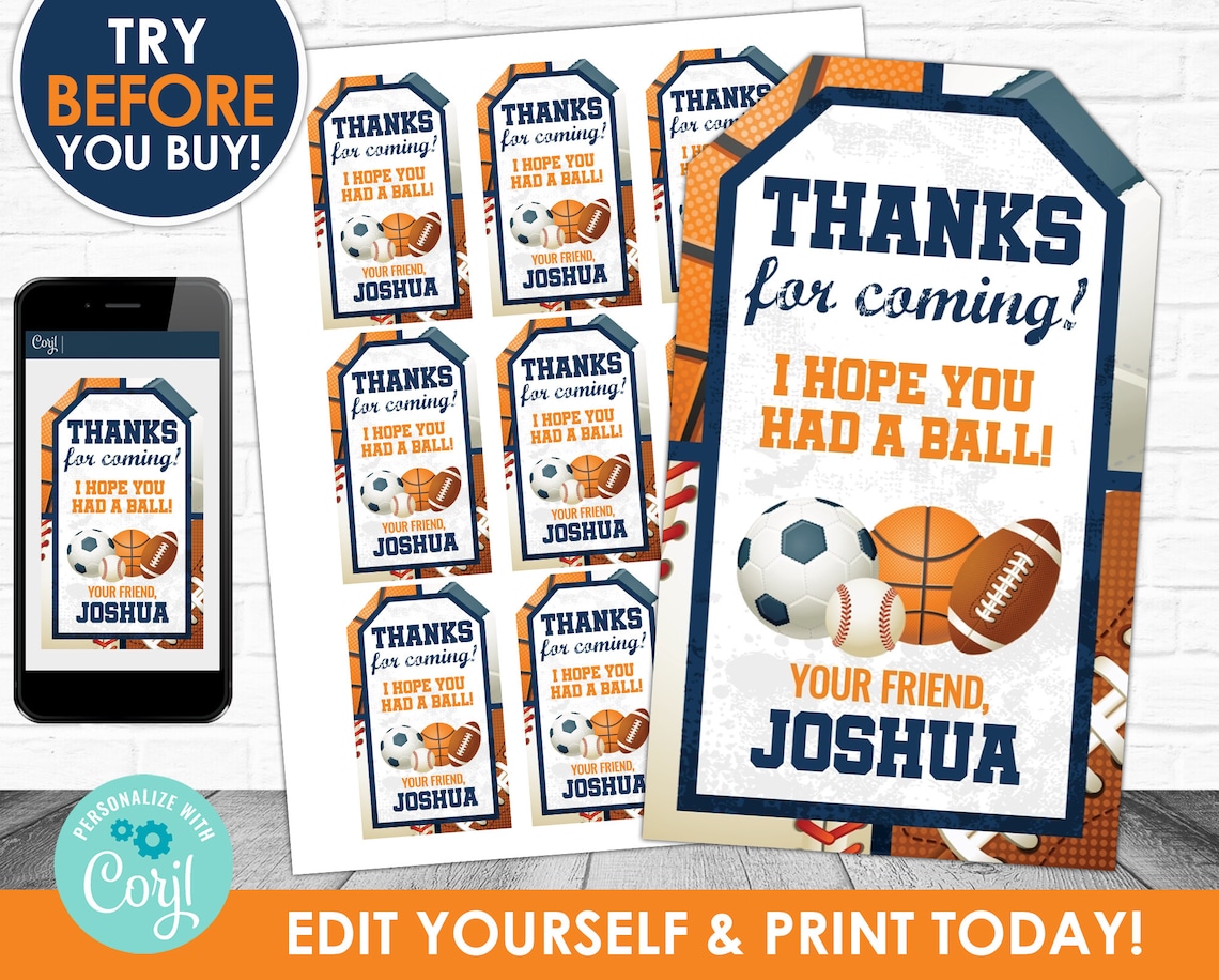 Sports Thank You Tag Sports Favor Tag Sports Birthday - Etsy