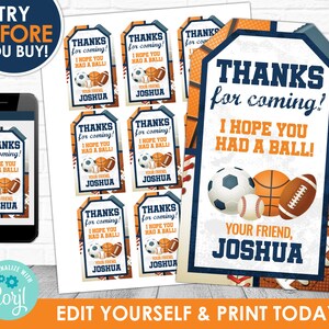 Sports Thank You Tag, Sports Favor Tag, Sports Birthday, Sports ...