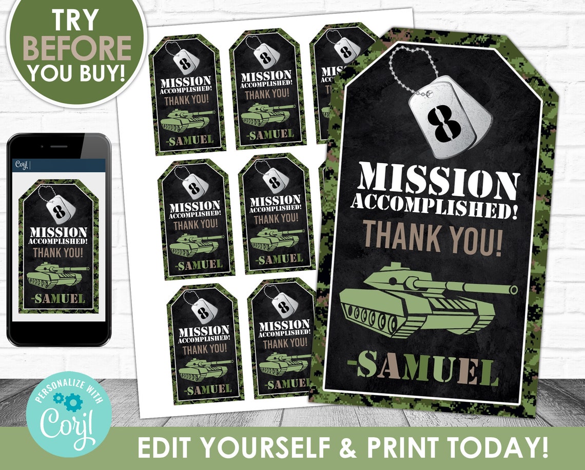 Army Thank You Tag Army Favor Tag Army Birthday Army | Etsy