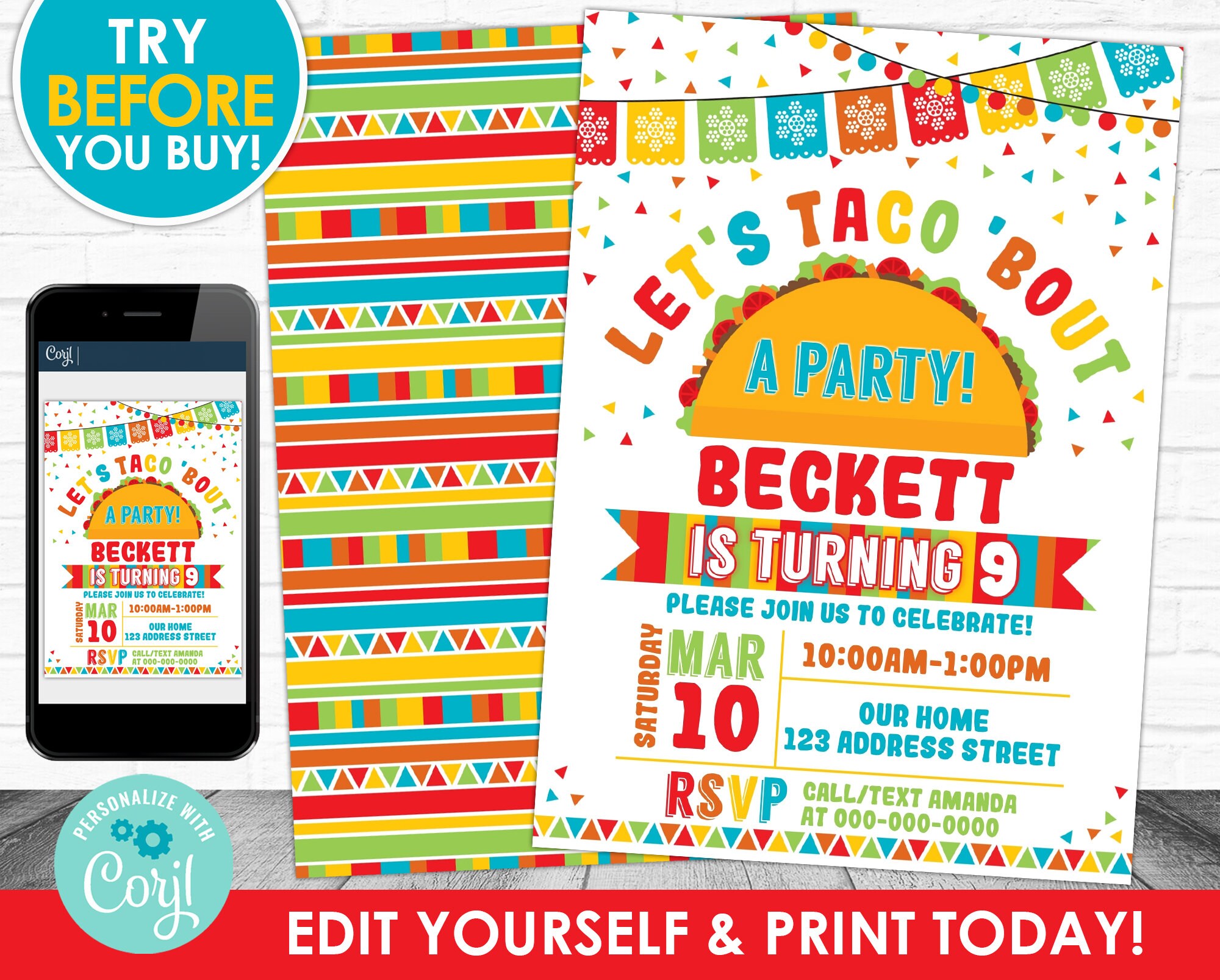 Taco Birthday Invitation Fiesta Invitation Fiesta Editable - Etsy