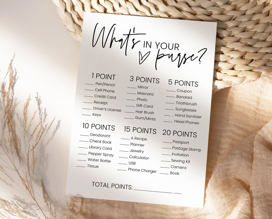 What's in Your Purse Baby Shower Game, Minimalist Baby Shower Game ...
