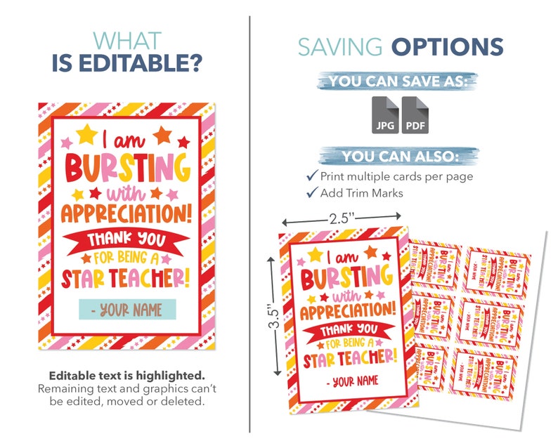 Editable Bursting With Appreciation Printable Tag Teacher - Etsy