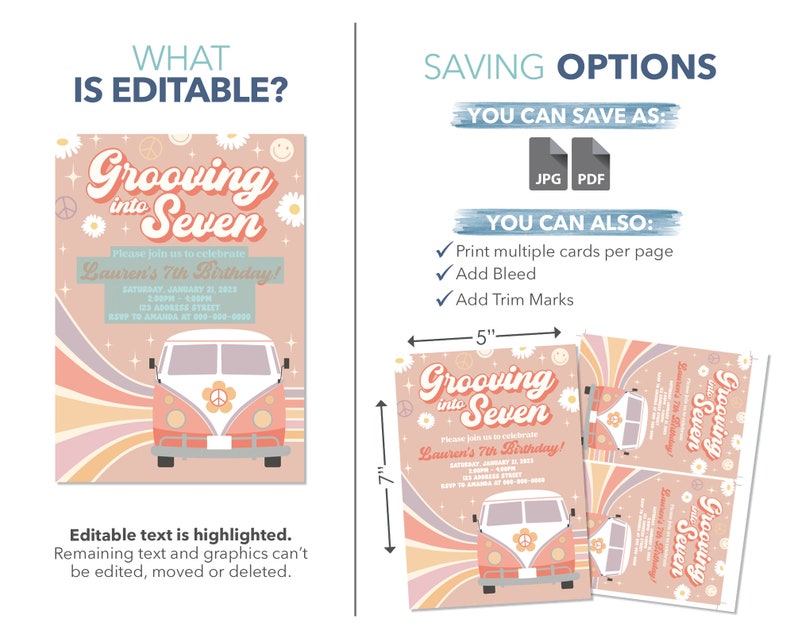 Grooving Into Seven Printable Birthday Invitation Retro 7th - Etsy