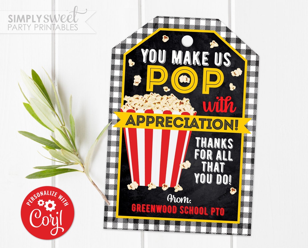 Editable Popcorn Gift Tag, You Make Us Pop Tag, Nurse Teacher Volunteer ...