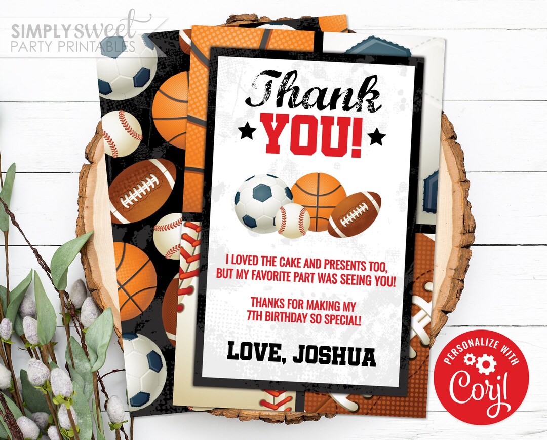 Editable Sports Birthday Thank You Card, Sports Thank You, All Star ...
