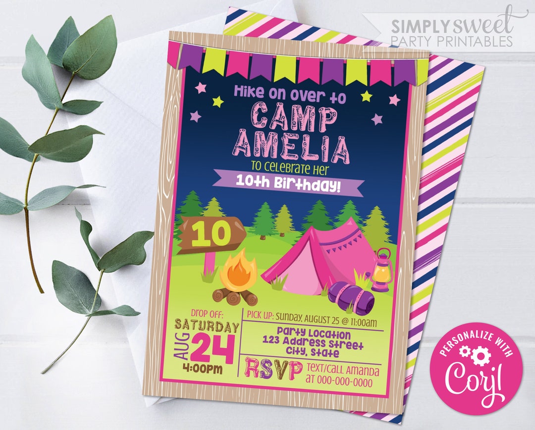 Editable Camping Invitation, Camp Birthday Invitation, Girl Camper ...