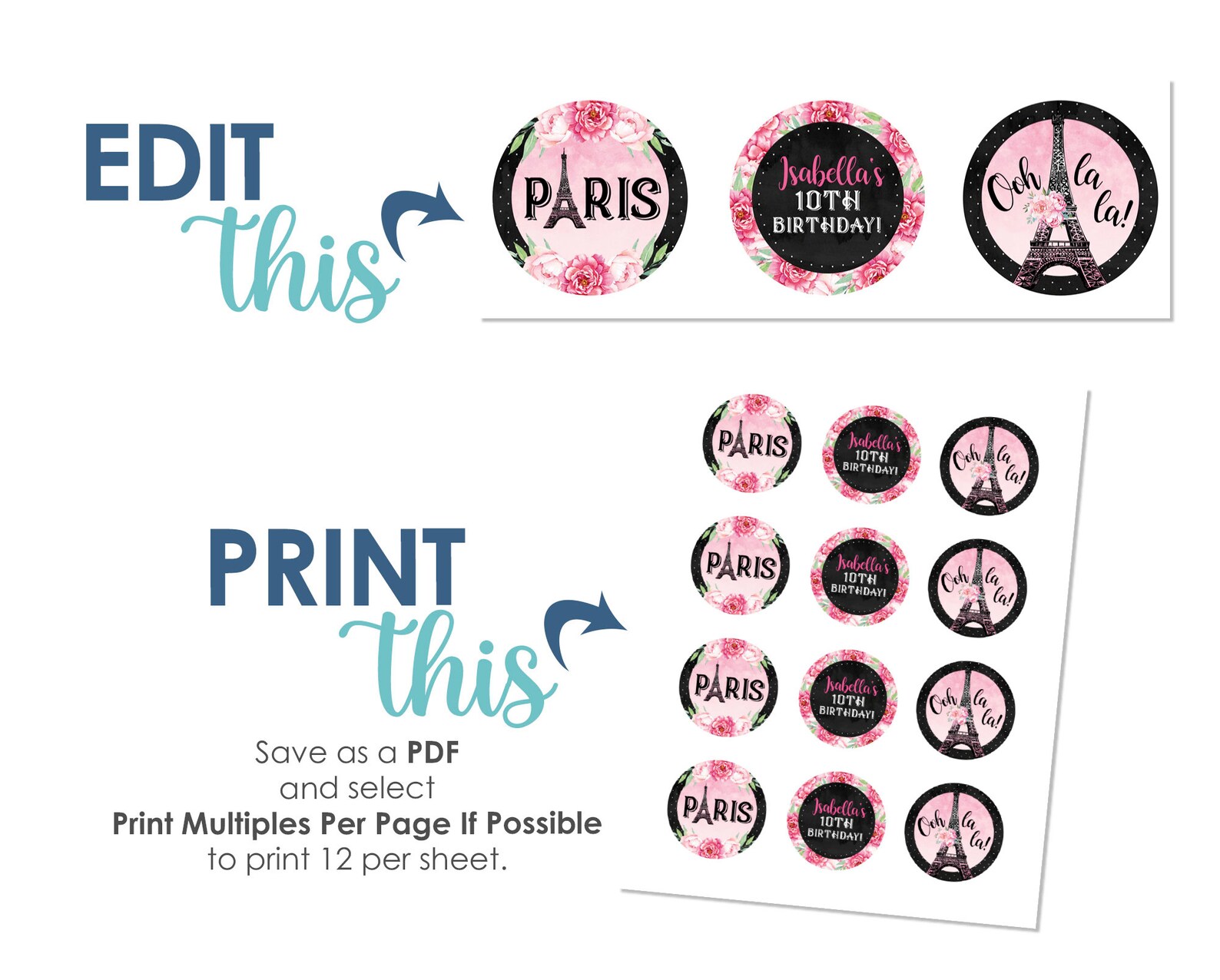 Editable Paris Cupcake Toppers, Paris Birthday Oh La La Printable ...