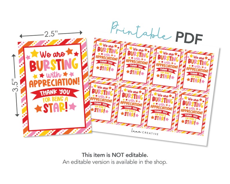 Bursting With Appreciation Printable Tag Teacher Staff - Etsy