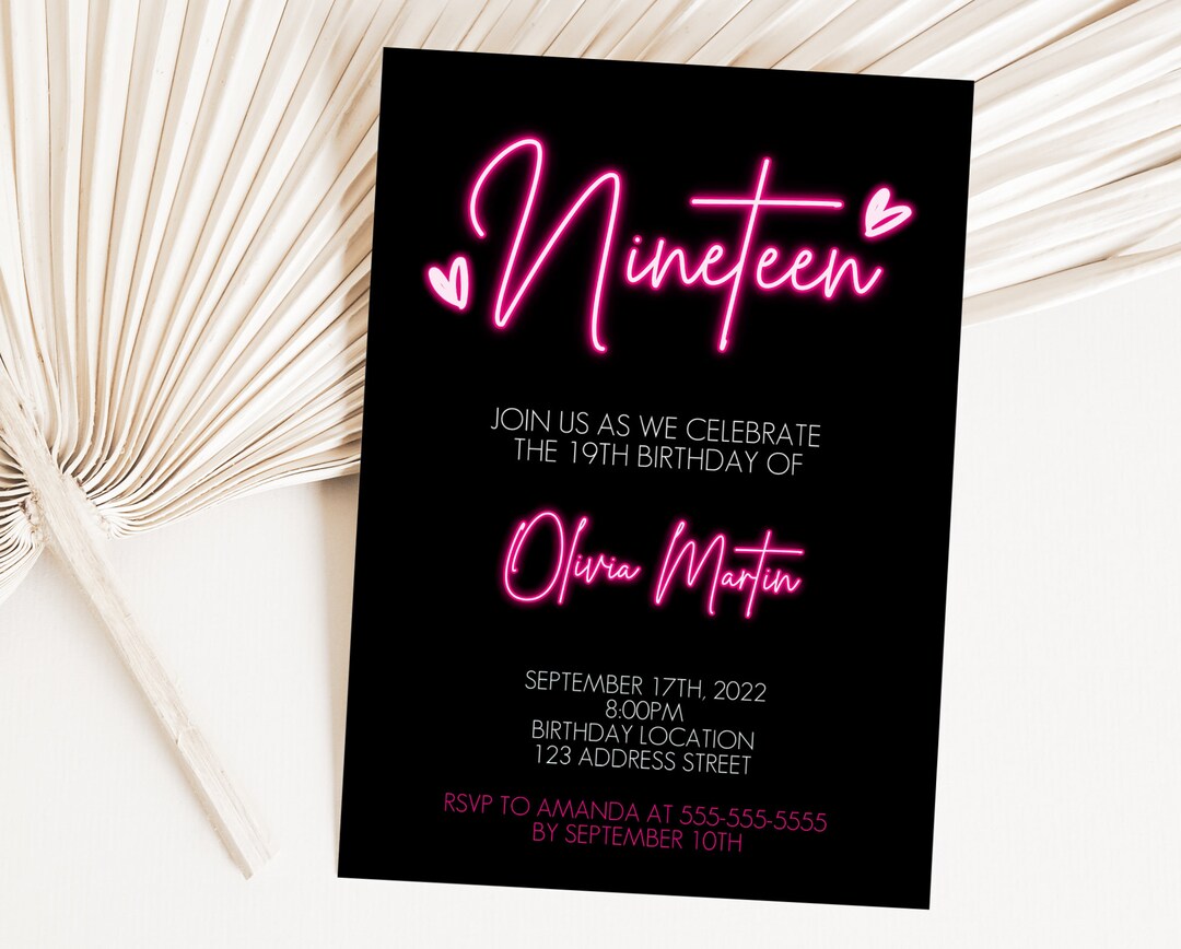 Editable 19th Birthday Neon Light Invitation, Nineteen Party Invite ...
