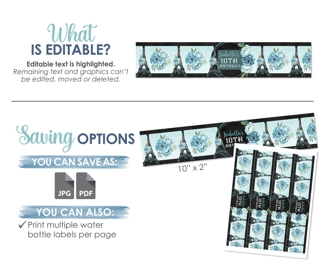 Editable Paris Water Bottle Labels, Paris Birthday Printable Water ...