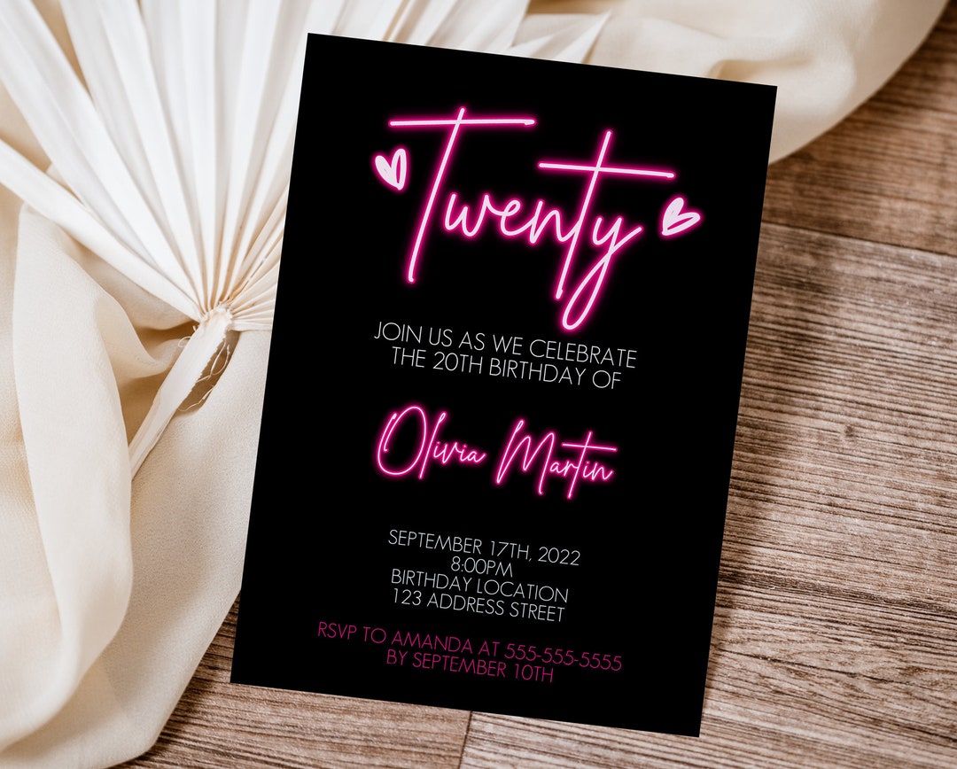 Editable 20th Birthday Neon Light Invitation, Twenty Party Invite ...