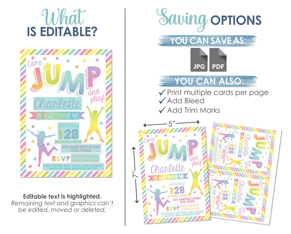 Jump Printable Birthday Invitation Bounce Editable - Etsy