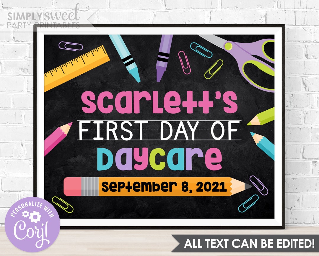 Editable Daycare First Day of School Sign Girl Printable First - Etsy
