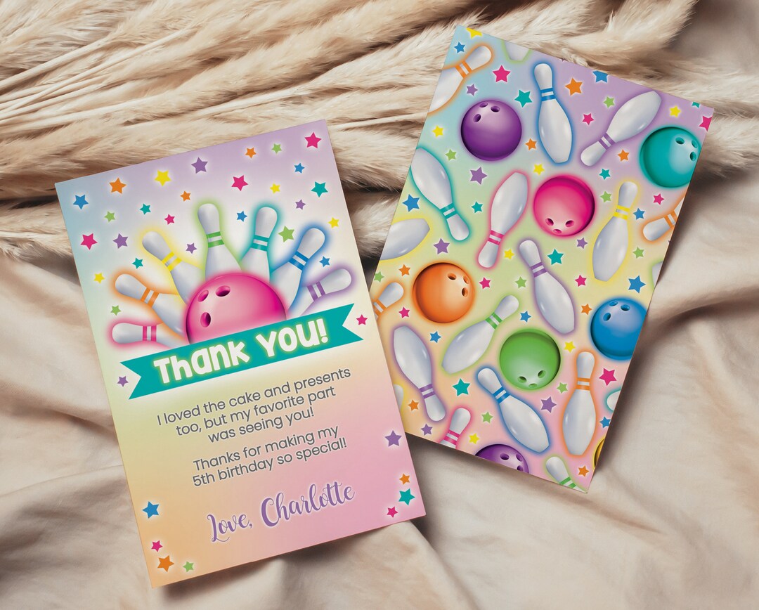 Bowling Rainbow Birthday Thank You Card, Bowling Printable Thank You ...