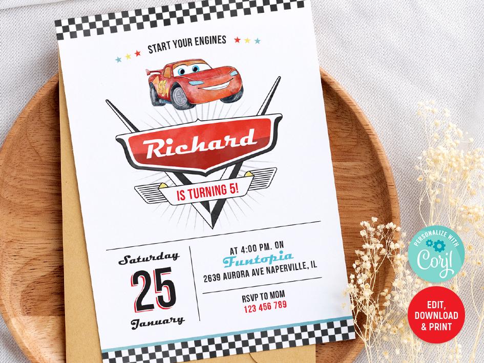 Cars Lightning Birthday Invite, Retro Mcqueen Cars Invite, Modern Cars ...