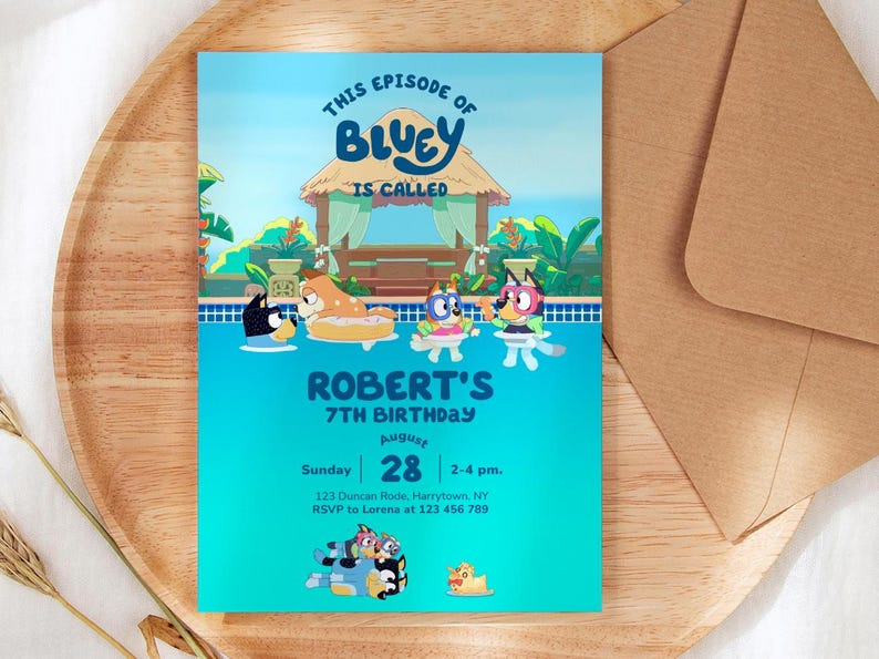 Bluey Swimming Birthday, Bluey Pool Party Theme, Pink Kids Pool Blue ...