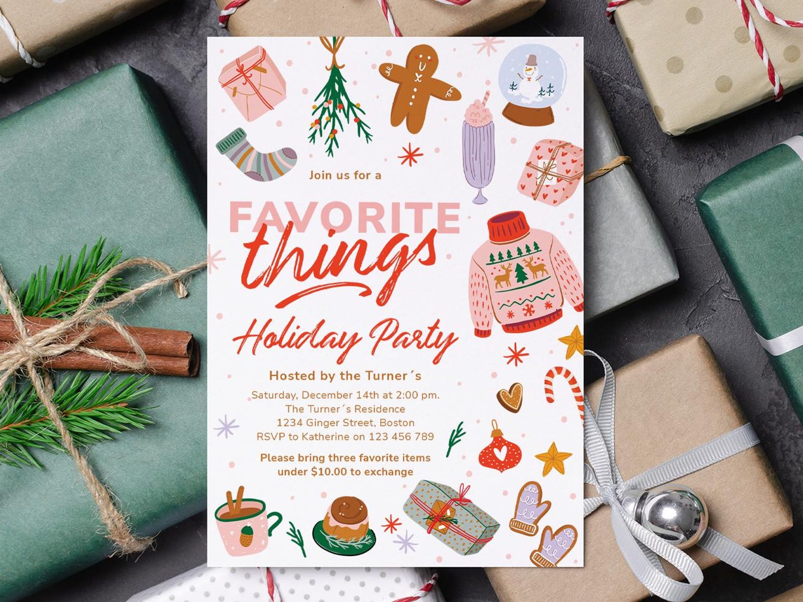 Pink Boho Christmas Favorite Things Party Invite, Bright Festive Invite ...
