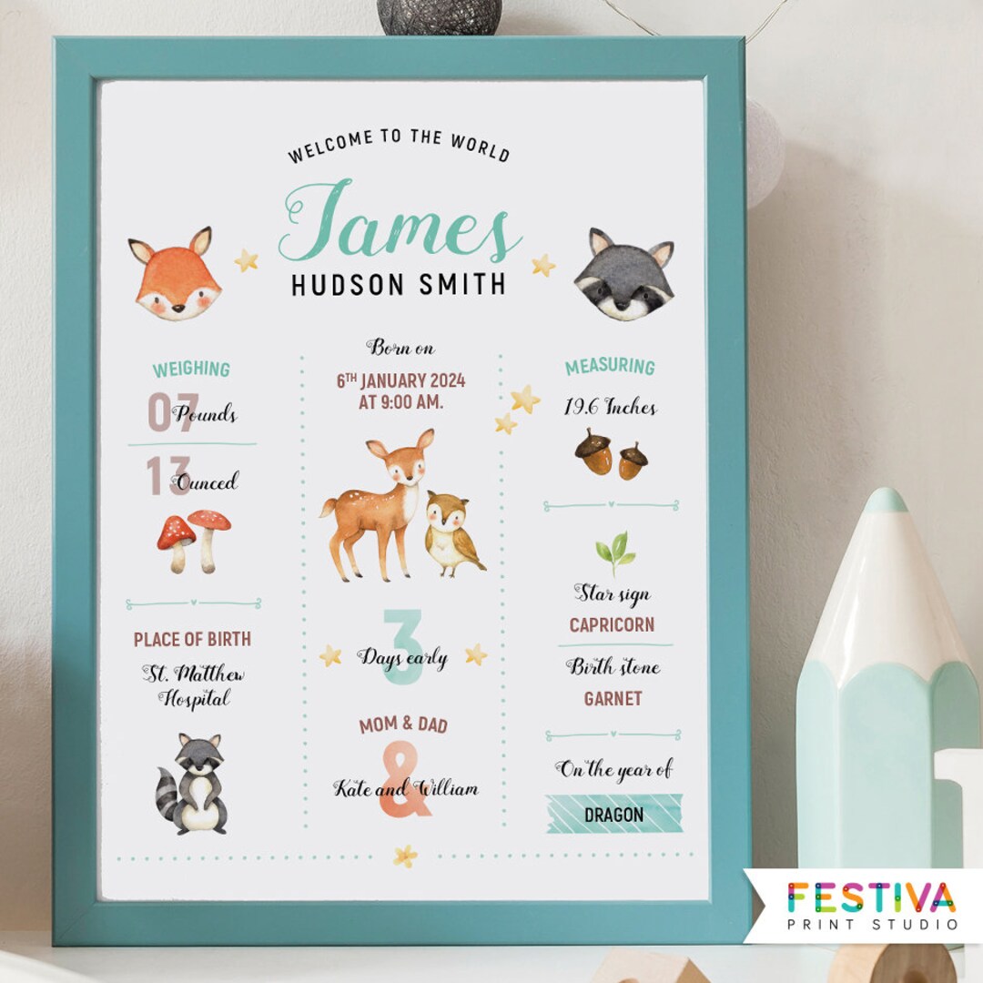 DIGITAL DOWNLOAD: Birth Stats Printable, Woodland Nursery Print, New ...