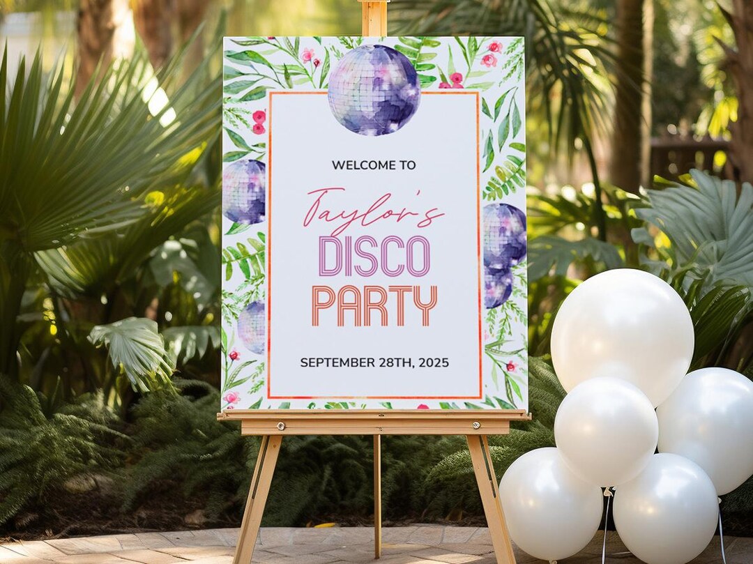 Bright Floral Disco Editable Sign, Disco Bridal Printable Poster ...