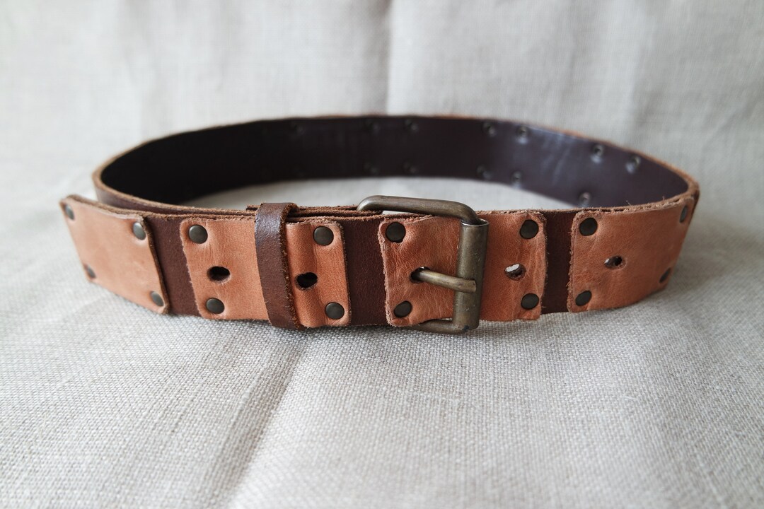 Vintage Brown Rocker Belt Brown Leather Biker Belt Waist Belt Rivets ...