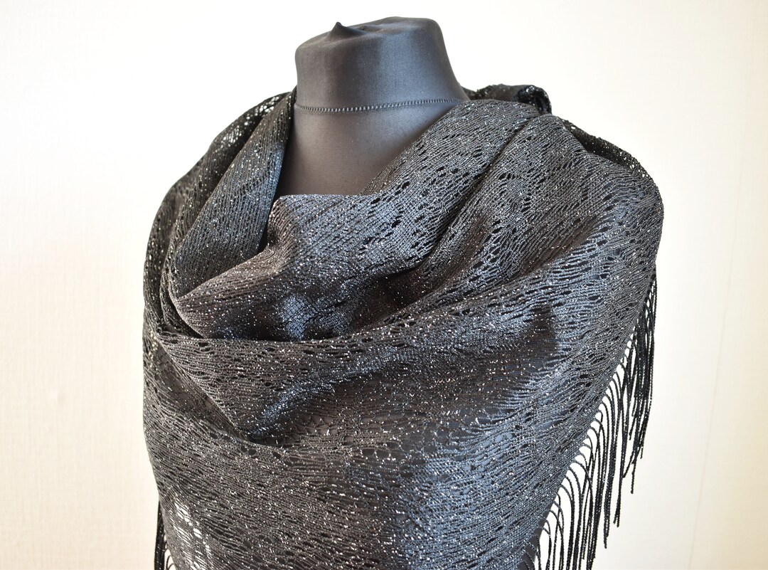 Black Lace Scarf Silver Metal Thread Scarf Fringed Lace Shawl Boho ...