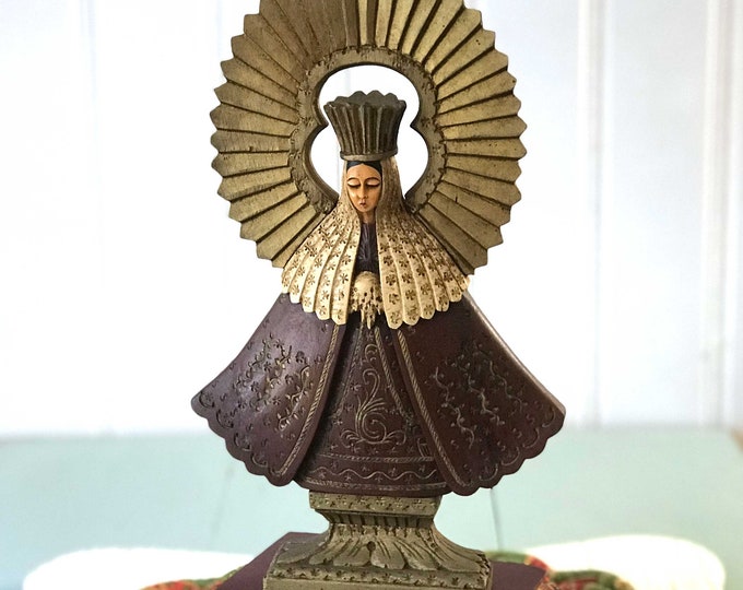Blessed Virgin Mary Statue Figurine, Vintage Hand Carved Wooden, Red ...
