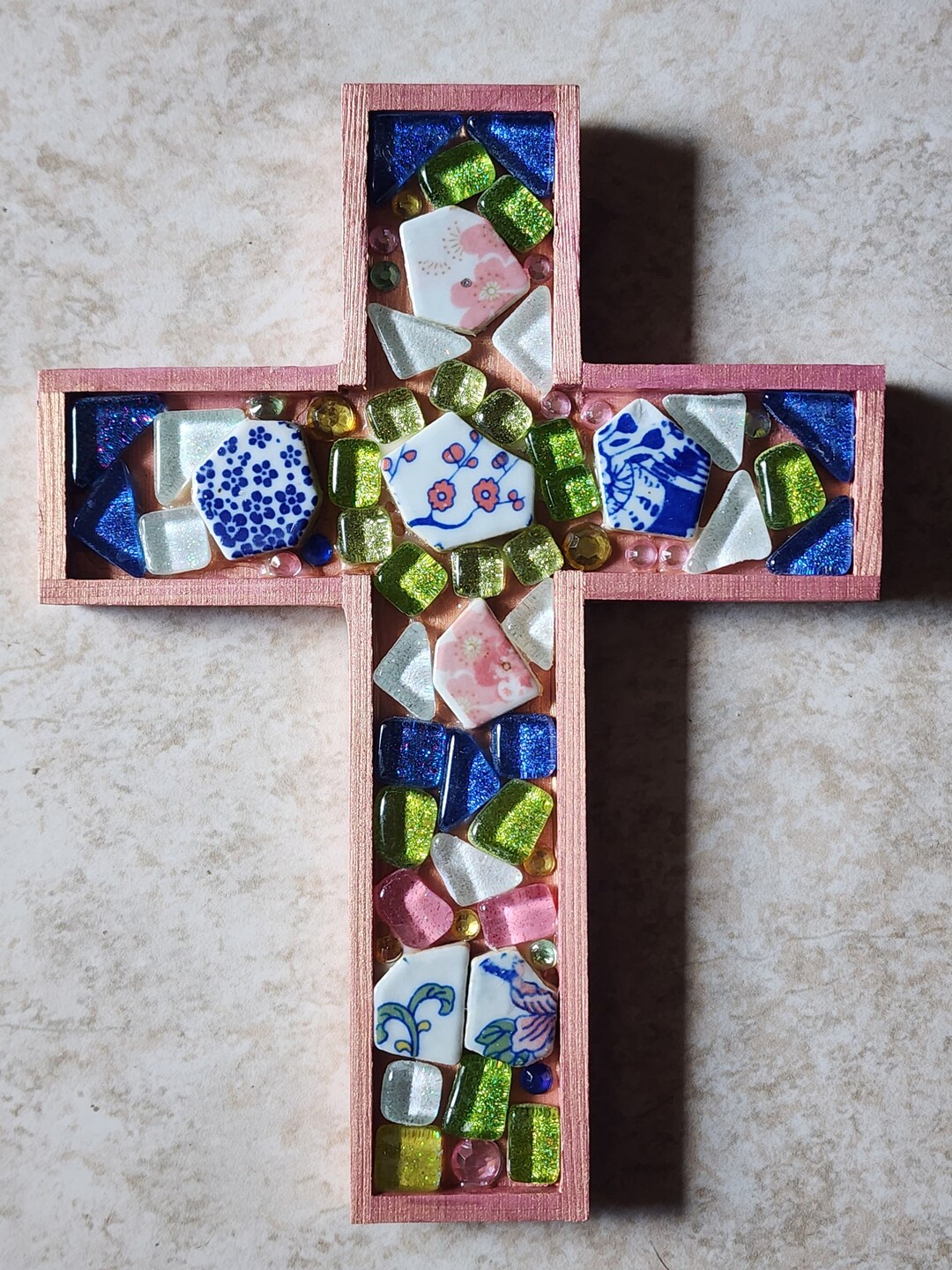 Pink Tiled Pottery Shard Painted Cross - Etsy